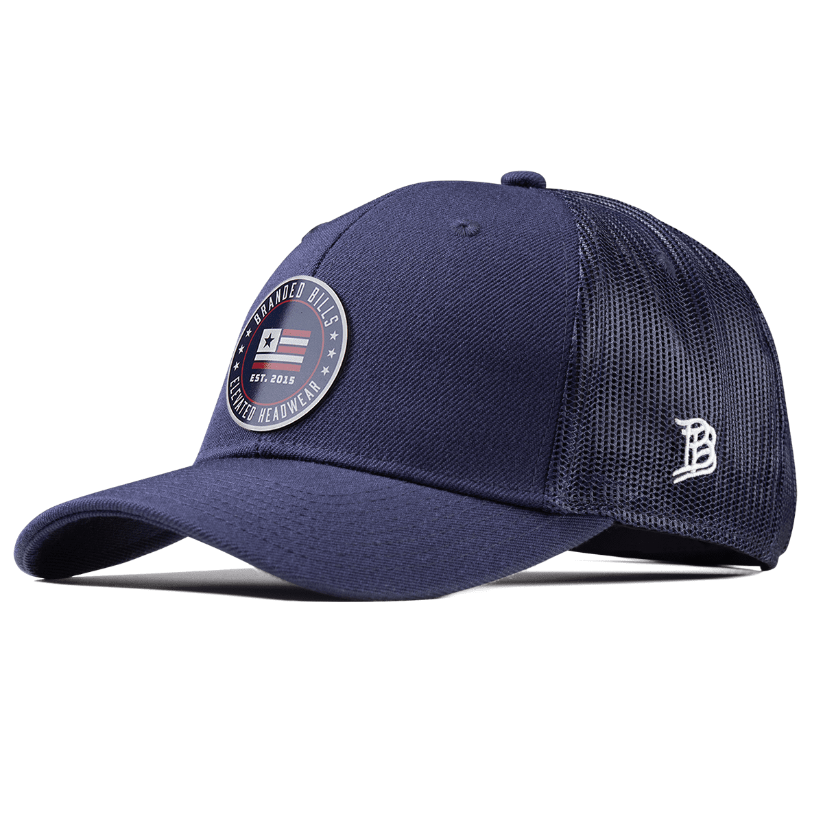Elevated American Navy Curved Trucker – Branded Bills